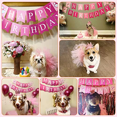 Pinkunn 4 Pieces Cute Dog Birthday Outfit with Pet Tutu Skirt Puppy Pearl Necklace Dog Crown Hat and Banner for Happy Birthday Gift Puppy Dog Pet Cat Birthday Party Supplies (Pink)