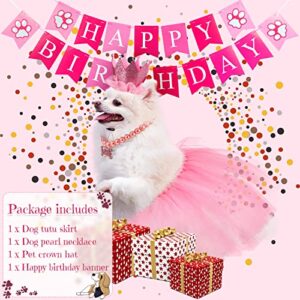 Pinkunn 4 Pieces Cute Dog Birthday Outfit with Pet Tutu Skirt Puppy Pearl Necklace Dog Crown Hat and Banner for Happy Birthday Gift Puppy Dog Pet Cat Birthday Party Supplies (Pink)