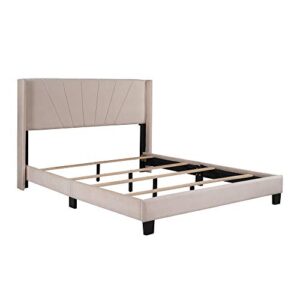 Woanke Queen Size Platform Bed, Velvet Upholstered Bed Frame with Headboard, Box Spring Needed, Beige