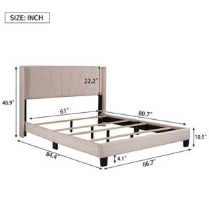 Woanke Queen Size Platform Bed, Velvet Upholstered Bed Frame with Headboard, Box Spring Needed, Beige