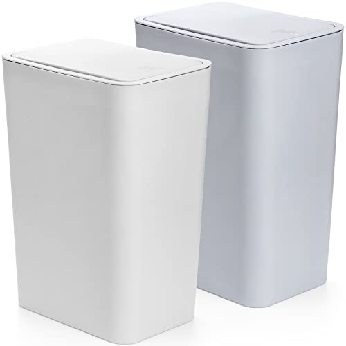 Fasmov Trash Can, 2 Pack 15 Liter / 4 Gallon Plastic Garbage Container Bin with Press Top Lid, Waste Basket for Kitchen, Bathroom, Living Room, Office, Narrow Place (White + Blue)