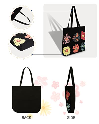 LIVACASA Canvas Tote Bag for Women, Large Floral Grocery Bags with Zipper and Inner Pockets,Travel Tote Bags for Shopping