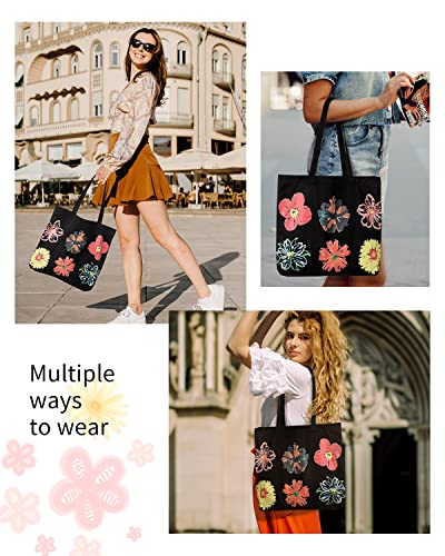 LIVACASA Canvas Tote Bag for Women, Large Floral Grocery Bags with Zipper and Inner Pockets,Travel Tote Bags for Shopping