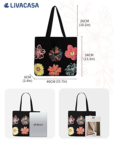 LIVACASA Canvas Tote Bag for Women, Large Floral Grocery Bags with Zipper and Inner Pockets,Travel Tote Bags for Shopping