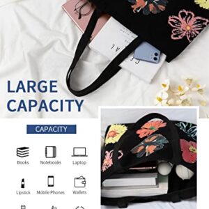 LIVACASA Canvas Tote Bag for Women, Large Floral Grocery Bags with Zipper and Inner Pockets,Travel Tote Bags for Shopping