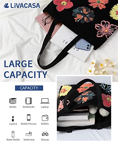 LIVACASA Canvas Tote Bag for Women, Large Floral Grocery Bags with Zipper and Inner Pockets,Travel Tote Bags for Shopping