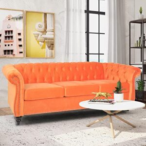 AVZEAR 3 seat Sofa, Velvet Sofa Living Room Sofa Large Sofa Modern Chesterfield Fabric Modern 3 Seater Couch Furniture Classic Tufted Chesterfield Settee Sofa, Orange