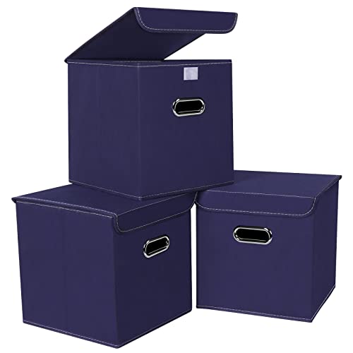 NieEnjoy Closet Organizers Fabric Storage Cube Bins with Lids collapsible storage bins basket with Handles ,Storage Boxes for Organizing,3 Pack (Navy Blue)