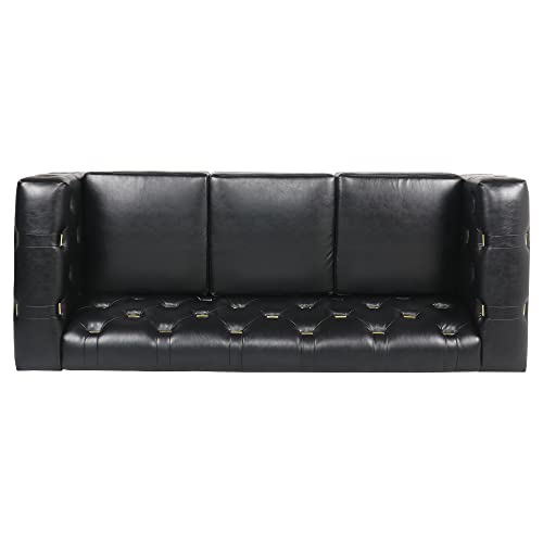 Mid-Century Faux Leather Chesterfield Sofa Couch,Modern 3 Seater Sofa Furniture,Upholstered Metal Buckle Decorated Tufted Back Leather Couch with Square Arms For Living Room Bedroom Home Office,Black