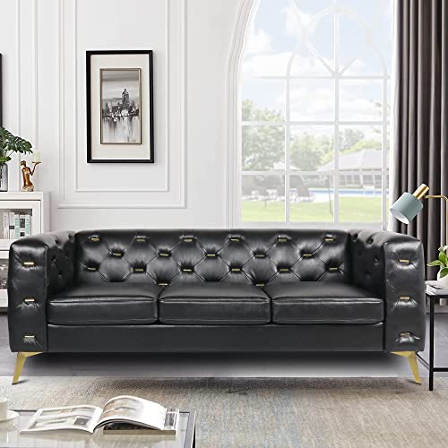 Mid-Century Faux Leather Chesterfield Sofa Couch,Modern 3 Seater Sofa Furniture,Upholstered Metal Buckle Decorated Tufted Back Leather Couch with Square Arms For Living Room Bedroom Home Office,Black