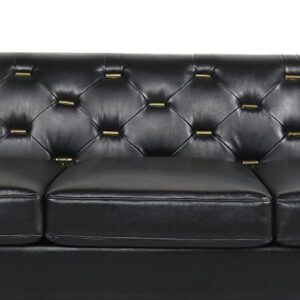 Mid-Century Faux Leather Chesterfield Sofa Couch,Modern 3 Seater Sofa Furniture,Upholstered Metal Buckle Decorated Tufted Back Leather Couch with Square Arms For Living Room Bedroom Home Office,Black