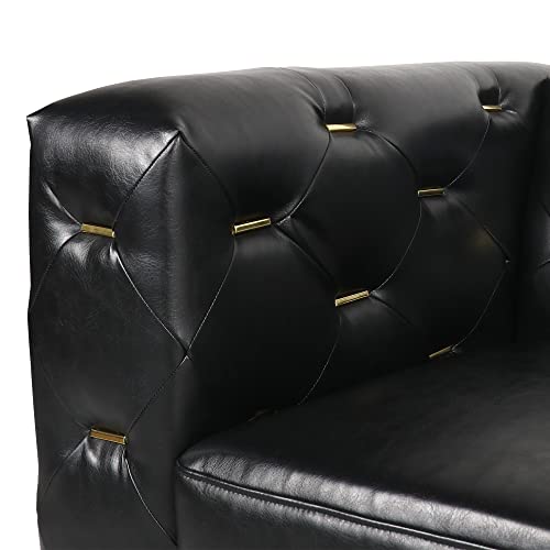 Mid-Century Faux Leather Chesterfield Sofa Couch,Modern 3 Seater Sofa Furniture,Upholstered Metal Buckle Decorated Tufted Back Leather Couch with Square Arms For Living Room Bedroom Home Office,Black