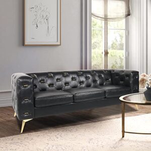 Mid-Century Faux Leather Chesterfield Sofa Couch,Modern 3 Seater Sofa Furniture,Upholstered Metal Buckle Decorated Tufted Back Leather Couch with Square Arms For Living Room Bedroom Home Office,Black