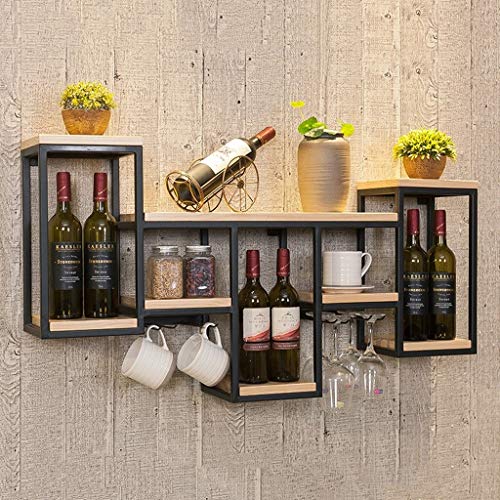 Wine Holder Wine Bottle Glass Rack, Wood Metal Combined Wall Storage Shelf Holder, Wine Cabinet Wall-Mount Wine Goblet Stemware Rack