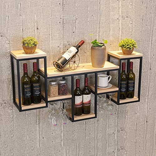 Wine Holder Wine Bottle Glass Rack, Wood Metal Combined Wall Storage Shelf Holder, Wine Cabinet Wall-Mount Wine Goblet Stemware Rack