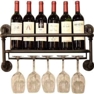 Industrial Vintage Wine Racks Wrought Iron Water Pipe Design 6 Bottles Wine Holder, Wine Glass Rack Goblet Stemware Racks, Black