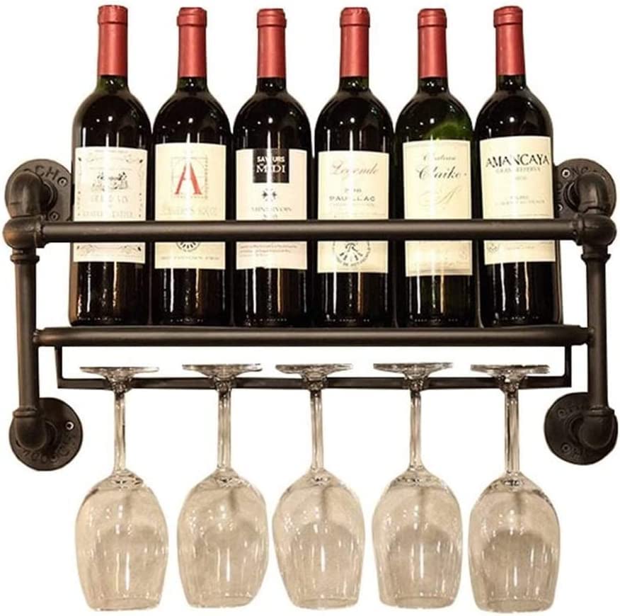 Industrial Vintage Wine Racks Wrought Iron Water Pipe Design 6 Bottles Wine Holder, Wine Glass Rack Goblet Stemware Racks, Black