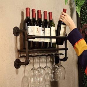 Industrial Vintage Wine Racks Wrought Iron Water Pipe Design 6 Bottles Wine Holder, Wine Glass Rack Goblet Stemware Racks, Black