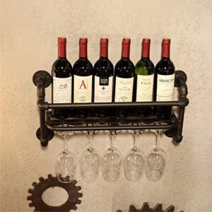 Industrial Vintage Wine Racks Wrought Iron Water Pipe Design 6 Bottles Wine Holder, Wine Glass Rack Goblet Stemware Racks, Black