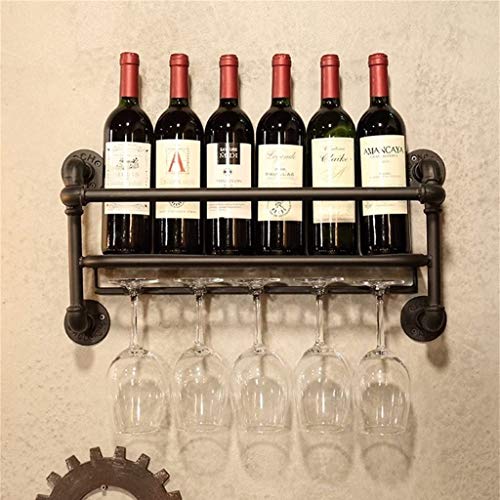 Industrial Vintage Wine Racks Wrought Iron Water Pipe Design 6 Bottles Wine Holder, Wine Glass Rack Goblet Stemware Racks, Black