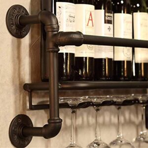 Industrial Vintage Wine Racks Wrought Iron Water Pipe Design 6 Bottles Wine Holder, Wine Glass Rack Goblet Stemware Racks, Black