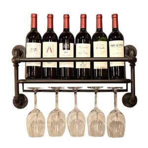 Industrial Vintage Wine Racks Wrought Iron Water Pipe Design 6 Bottles Wine Holder, Wine Glass Rack Goblet Stemware Racks, Black