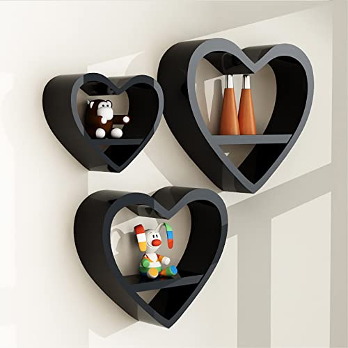 QQXX Cute Heart Shaped Floating Shelves,Set of 3 Wall Shelves Wood Floating Shelf,Kawaii Shelves for Wall Decor,Small Storage Display Rack Living Room Bedroom Bathroom(Set of 3, Black)