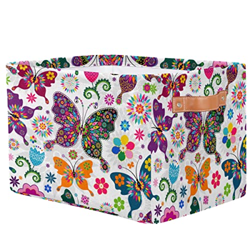 Pardick Floral Butterfly Large Collapsible Storage Bins ,Flying Butterfly Decorative Canvas Fabric Storage Boxes Organizer with Handles，Rectangular Baskets Bin for Home Shelves Closet Nursery Gifts