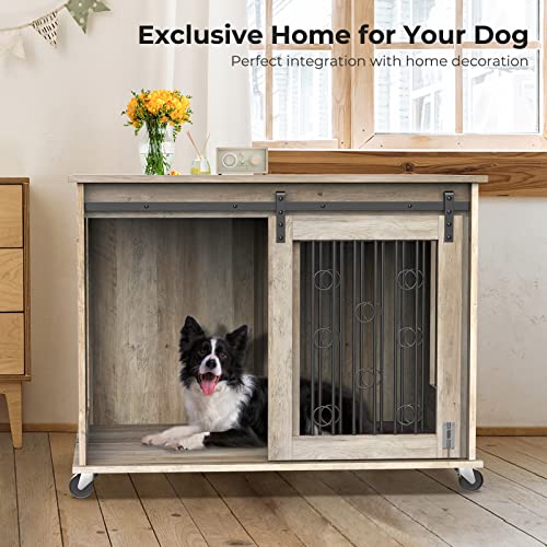 Lyromix Dog Crate Furniture with Divider for 2 Small to Medium Pets, Wooden Cage End Table, Heavy Duty Indoor Puppy Kennel with Removable Divider and Sliding Door, Grey, 39.37'W*25.2'D*28.94'H