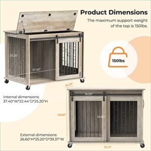 Lyromix Dog Crate Furniture with Divider for 2 Small to Medium Pets, Wooden Cage End Table, Heavy Duty Indoor Puppy Kennel with Removable Divider and Sliding Door, Grey, 39.37'W*25.2'D*28.94'H