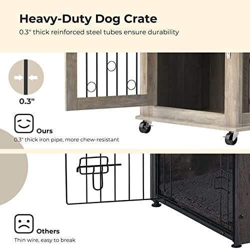 Lyromix Dog Crate Furniture with Divider for 2 Small to Medium Pets, Wooden Cage End Table, Heavy Duty Indoor Puppy Kennel with Removable Divider and Sliding Door, Grey, 39.37'W*25.2'D*28.94'H