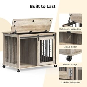 Lyromix Dog Crate Furniture with Divider for 2 Small to Medium Pets, Wooden Cage End Table, Heavy Duty Indoor Puppy Kennel with Removable Divider and Sliding Door, Grey, 39.37'W*25.2'D*28.94'H