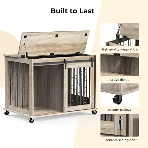 Lyromix Dog Crate Furniture with Divider for 2 Small to Medium Pets, Wooden Cage End Table, Heavy Duty Indoor Puppy Kennel with Removable Divider and Sliding Door, Grey, 39.37'W*25.2'D*28.94'H