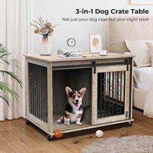 Lyromix Dog Crate Furniture with Divider for 2 Small to Medium Pets, Wooden Cage End Table, Heavy Duty Indoor Puppy Kennel with Removable Divider and Sliding Door, Grey, 39.37'W*25.2'D*28.94'H