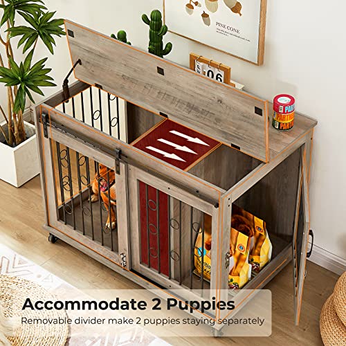 Lyromix Dog Crate Furniture with Divider for 2 Small to Medium Pets, Wooden Cage End Table, Heavy Duty Indoor Puppy Kennel with Removable Divider and Sliding Door, Grey, 39.37'W*25.2'D*28.94'H