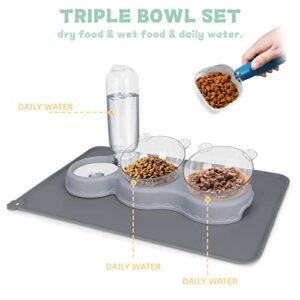 Triple Cat Bowls for Food and Water, YECERCAN Plastic Raised Cat Food Bowls with Automatic Water Bottle & Waterproof Mat for Cat/Small Dogs, 3 in 1 Pet Feeder for Wet/Dry Food