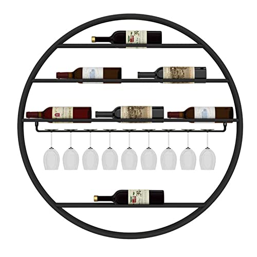 Wall-Mounted Wine Rack Round Wine Bottle Holder ， with Hanging Goblet Glass Stemware Racks ， Black Metal Iron Storage Shelf ， Organizer Shelves for Bar Kitchen (Size : 85x10x85cm)