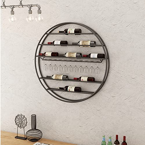 Wall-Mounted Wine Rack Round Wine Bottle Holder ， with Hanging Goblet Glass Stemware Racks ， Black Metal Iron Storage Shelf ， Organizer Shelves for Bar Kitchen (Size : 85x10x85cm)