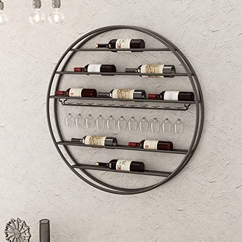 Wall-Mounted Wine Rack Round Wine Bottle Holder ， with Hanging Goblet Glass Stemware Racks ， Black Metal Iron Storage Shelf ， Organizer Shelves for Bar Kitchen (Size : 85x10x85cm)