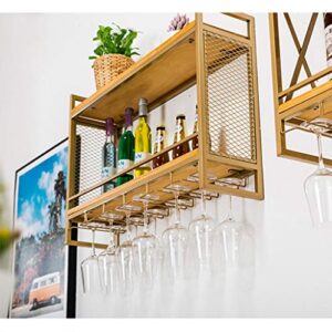 Modern Wall Mount Wine Rack for Restaurants Bars Kitchen, Metal Gold Wine Bottle Rack Wine Stemware Rack Goblet Holder, 2 Tiers Rustic Wall Floating Shelves (Size : 60×20×55cm)