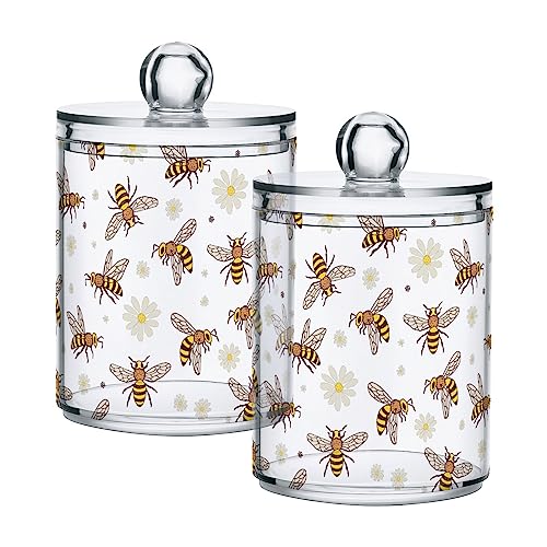 Sletend 2 Pack Plastic Qtips Holder Honey Bees Bathroom Organizer Canisters for Cotton Balls/Swabs/Pads/Floss,Plastic Apothecary Jars for Vanity