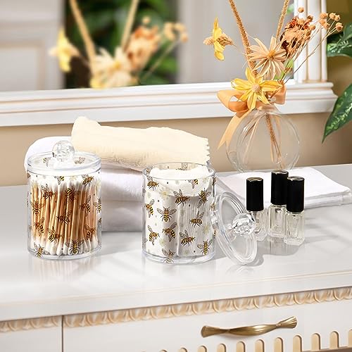 Sletend 2 Pack Plastic Qtips Holder Honey Bees Bathroom Organizer Canisters for Cotton Balls/Swabs/Pads/Floss,Plastic Apothecary Jars for Vanity