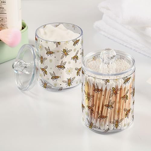 Sletend 2 Pack Plastic Qtips Holder Honey Bees Bathroom Organizer Canisters for Cotton Balls/Swabs/Pads/Floss,Plastic Apothecary Jars for Vanity