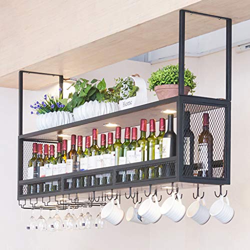 Ceiling Mounted Wine Bottle Holder Hanging Wine Shelf with Glass Holder (with Spotlights) | Metal Ceiling Mounted Hanging Wine Holder | Wooden Wine Bottle Holder | Suspended Wine G