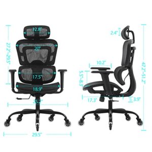 Office Chair, KERDOM Ergonomic Desk Chair, Comfy Breathable Mesh Task Chair with Headrest High Back, Home Computer Chair 3D Adjustable Armrests, Executive Swivel Chair with Roller Blade Wheels