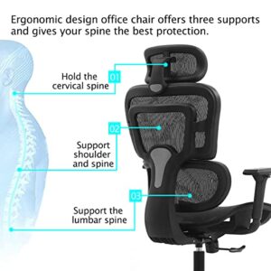 Office Chair, KERDOM Ergonomic Desk Chair, Comfy Breathable Mesh Task Chair with Headrest High Back, Home Computer Chair 3D Adjustable Armrests, Executive Swivel Chair with Roller Blade Wheels