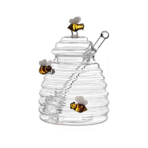 PHEZEN Honey Jars Honey Dish with Dipper and Lid, Large Glass Jar Honey Pot with Bee Statue Charms, Honey Containers Glass Honey Dispenser for Jam Syrup and Honey Home Kitchen Supplies