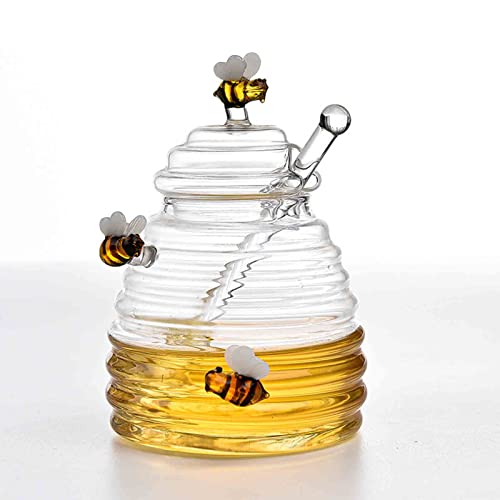 PHEZEN Honey Jars Honey Dish with Dipper and Lid, Large Glass Jar Honey Pot with Bee Statue Charms, Honey Containers Glass Honey Dispenser for Jam Syrup and Honey Home Kitchen Supplies