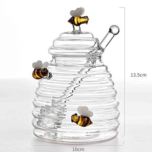 PHEZEN Honey Jars Honey Dish with Dipper and Lid, Large Glass Jar Honey Pot with Bee Statue Charms, Honey Containers Glass Honey Dispenser for Jam Syrup and Honey Home Kitchen Supplies