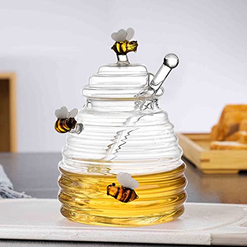 PHEZEN Honey Jars Honey Dish with Dipper and Lid, Large Glass Jar Honey Pot with Bee Statue Charms, Honey Containers Glass Honey Dispenser for Jam Syrup and Honey Home Kitchen Supplies